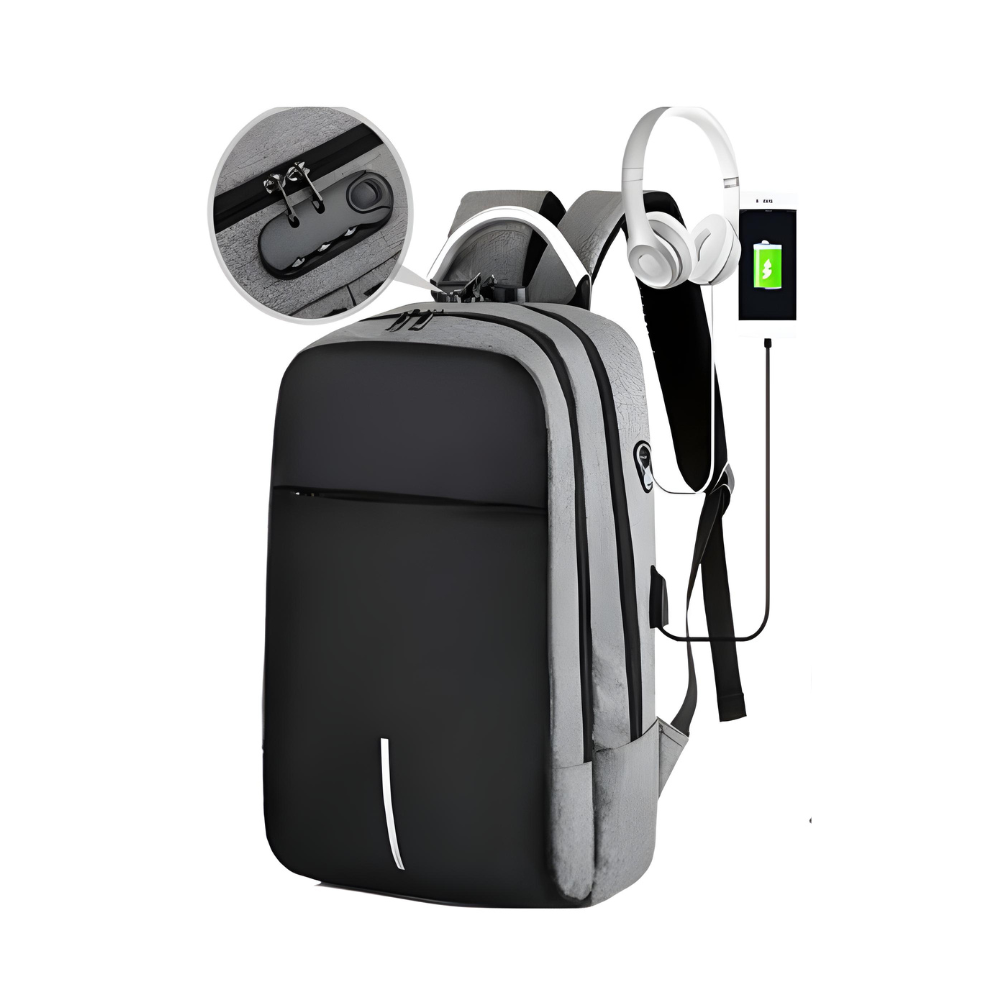 Mochila Executiva USB com Zíper Frontal, Cabo de Metal e Traseiro
